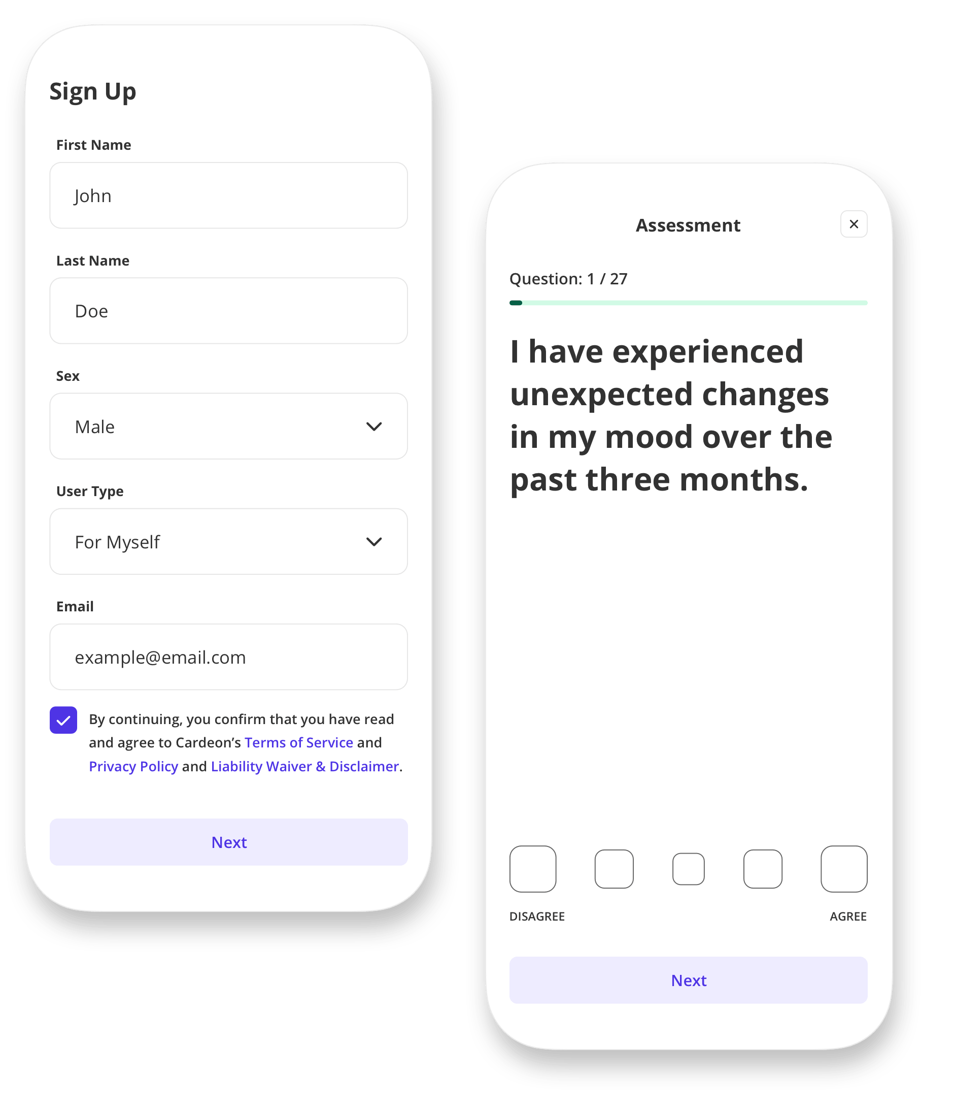Cardeon Sign-Up and Assessment Screens